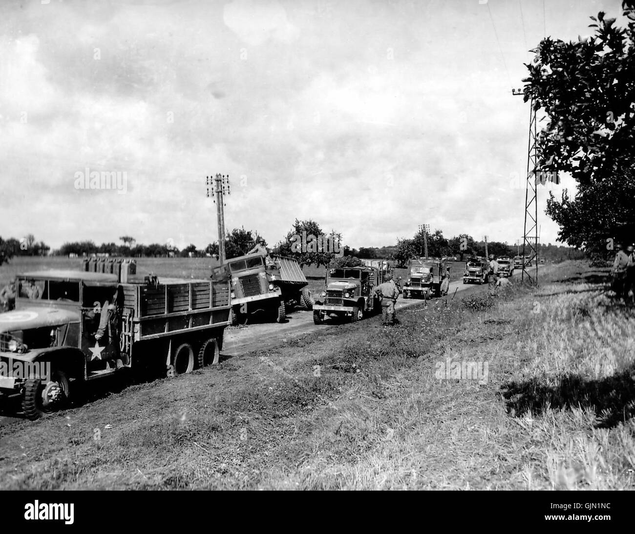A historical photograph of the Red Ball Express convoy, a key ...