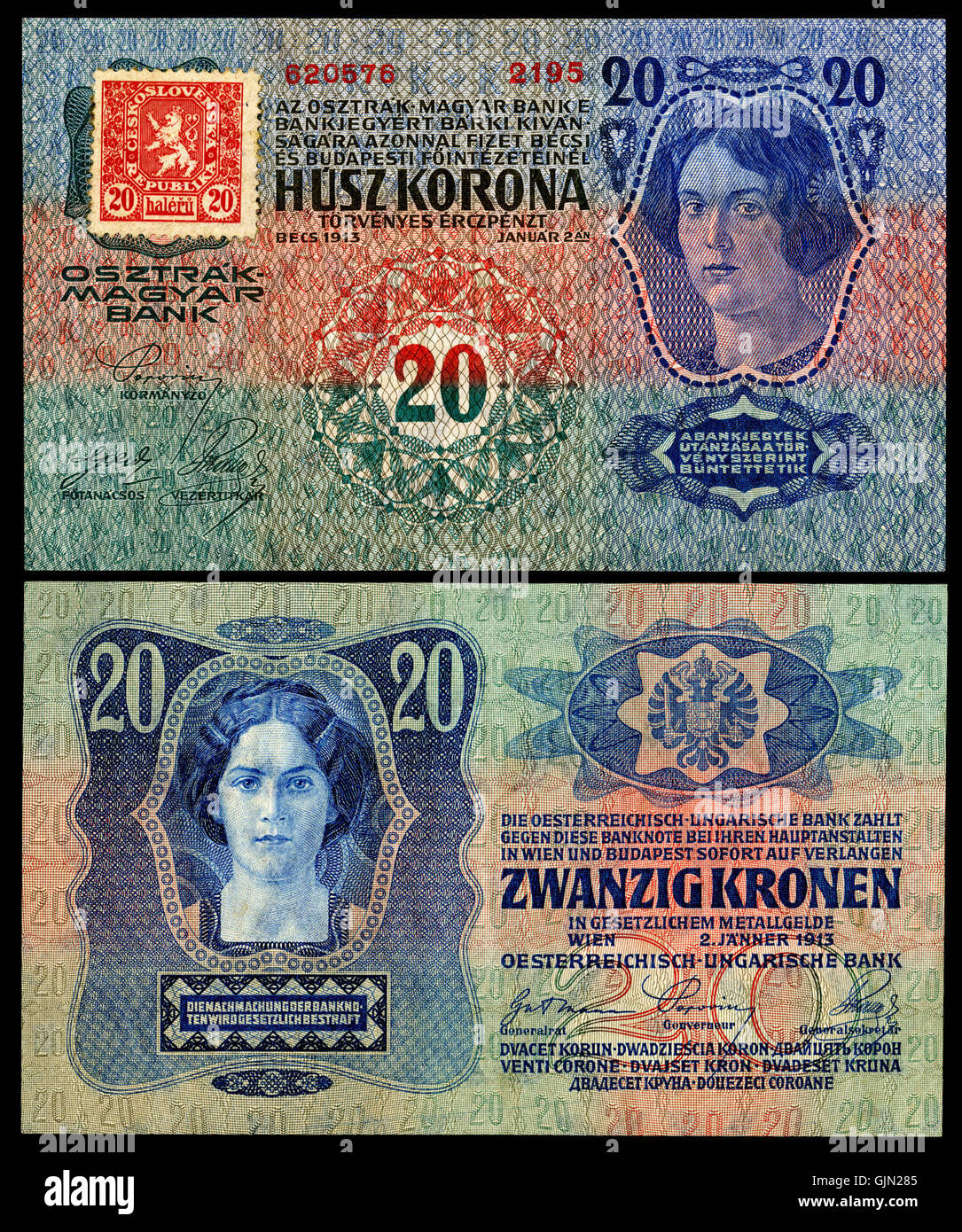 The 20 Korun note from the 1919 provisional issue of the Czechoslovak ...