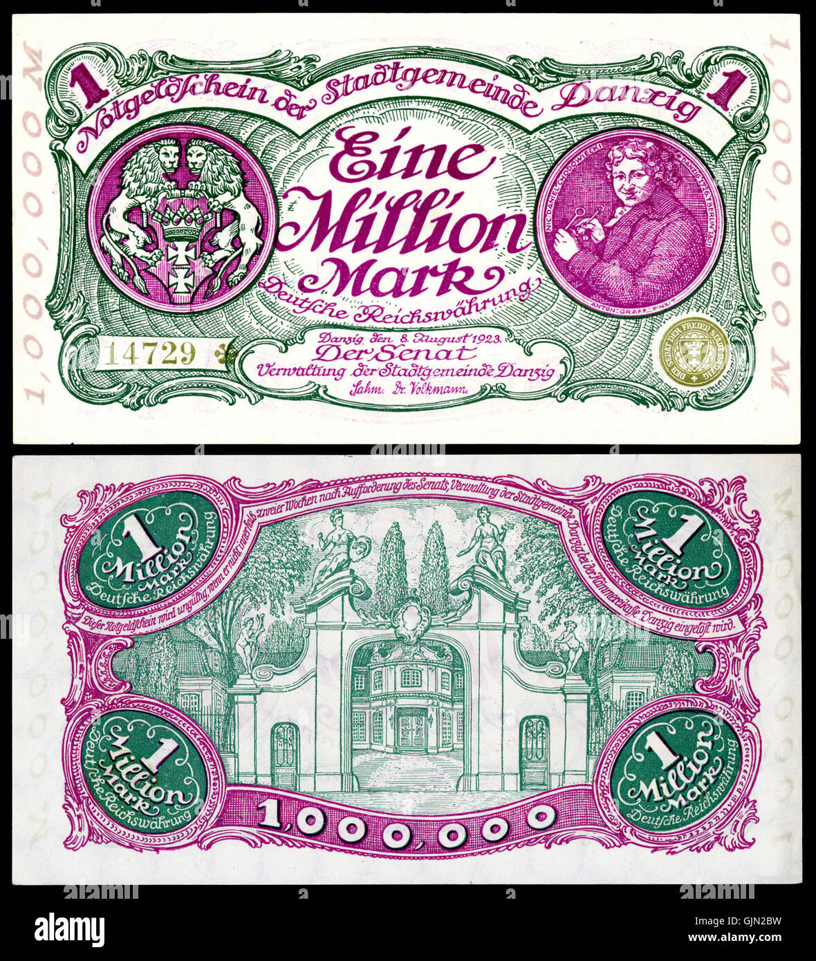 A 1923 Danzig 1 Million Mark note, a currency issued in the city of ...