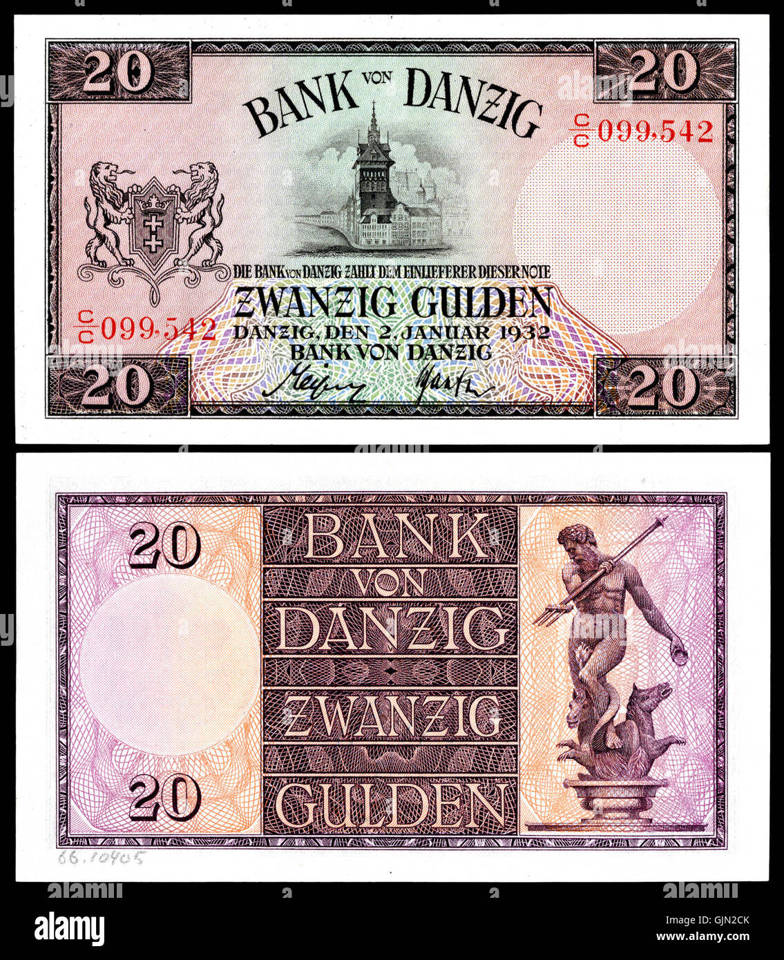 This 20 Gulden note from the Bank of Danzig, issued in 1932, reflects ...
