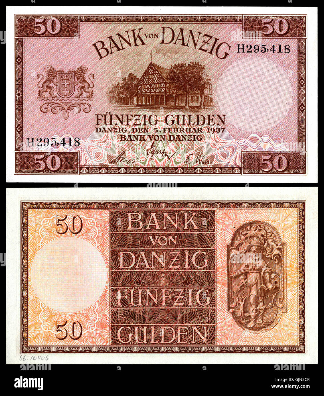 A 1937 50 Gulden banknote issued by the Bank von Danzig, showcasing the ...