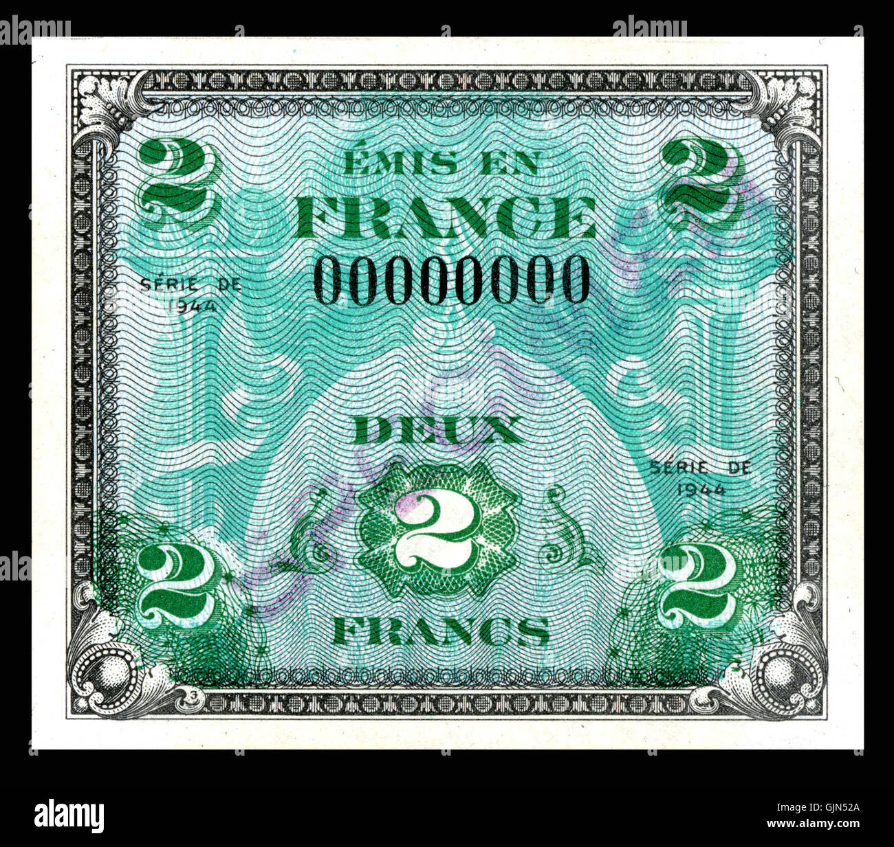 This 1944 issue of Allied Military Currency features a 2 Franc note ...