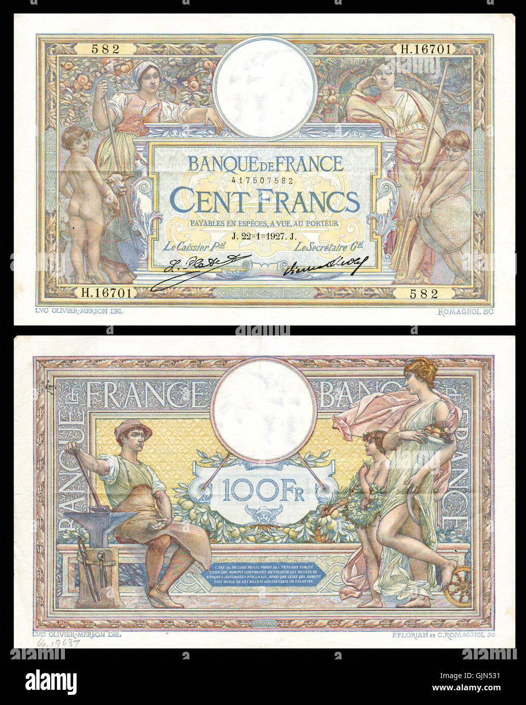 The FRA 78 Banque de France 100 Francs note, issued in 1927, represents ...