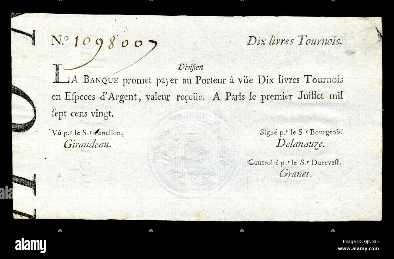 A French 10 livres Tournois banknote from 1720, issued by La Banque ...