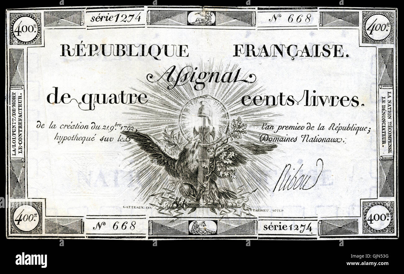 The 1792 French 400 livres banknote, part of the Revolutionary-era ...