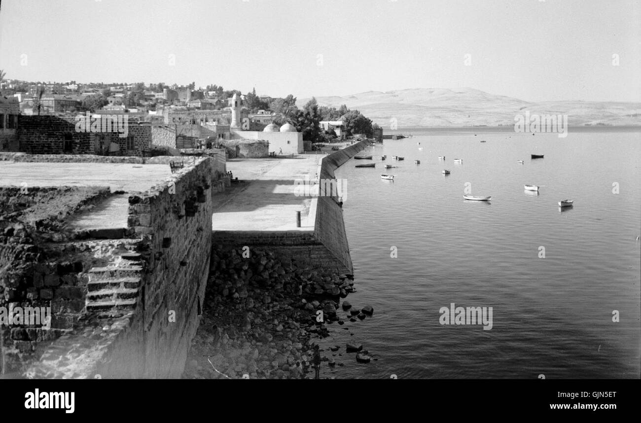 This 1945 photograph by Matson shows the lakefront of Tiberias, located ...