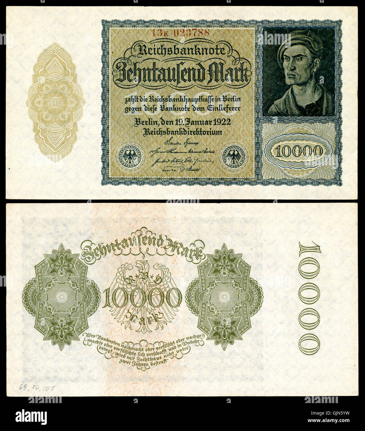 This 10000 Mark banknote, issued by the Reichsbank in 1922, is a ...