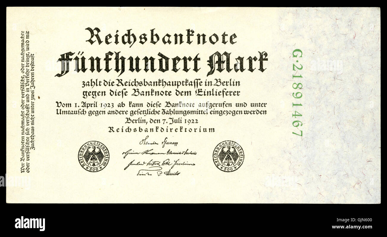 This is a 500 Mark Reichsbanknote issued in 1922, during the Weimar ...