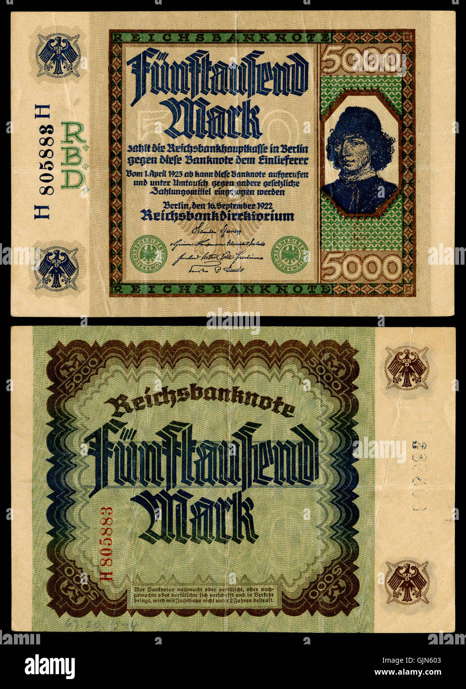 The Reichsbanknote 5000 Mark, issued in 1922, is a historical German ...