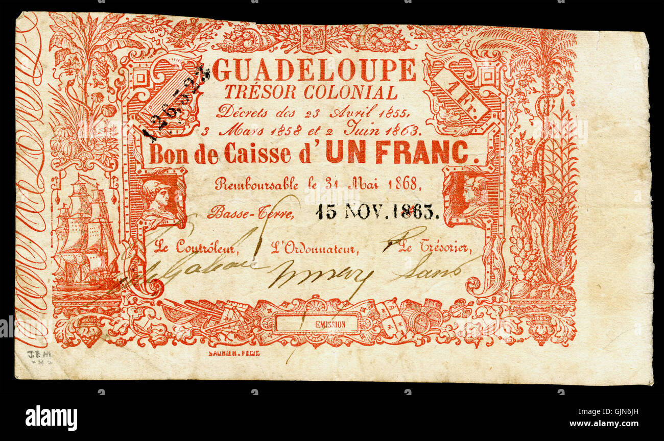 The 'GUA A15 Guadaloupe Tresor Colonial Bons de Caisse' is a 1 franc ...