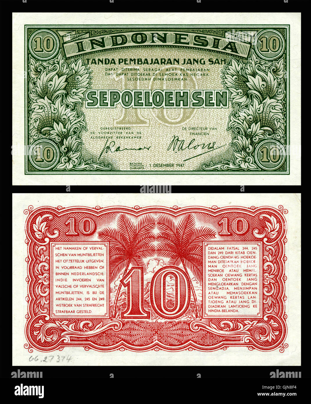 This coin, issued by Indonesia in 1947, features the 10 Sen ...