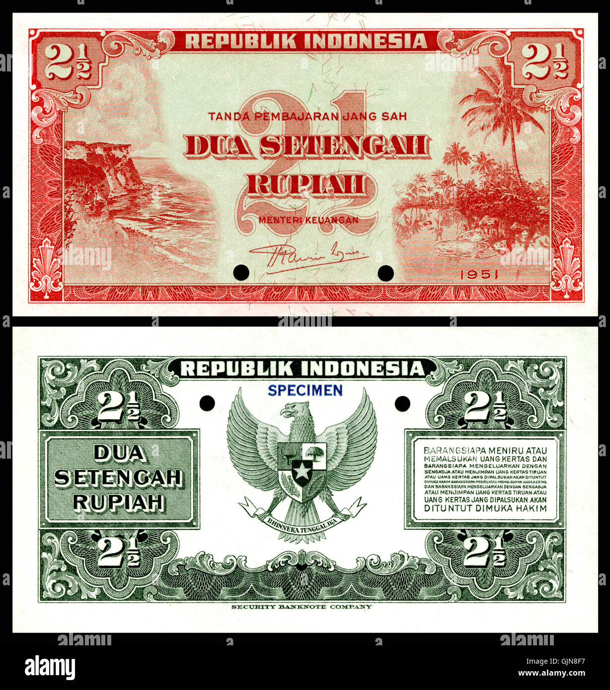 The 1951 2.5 Rupiah coin issued by the Republic of Indonesia features a ...