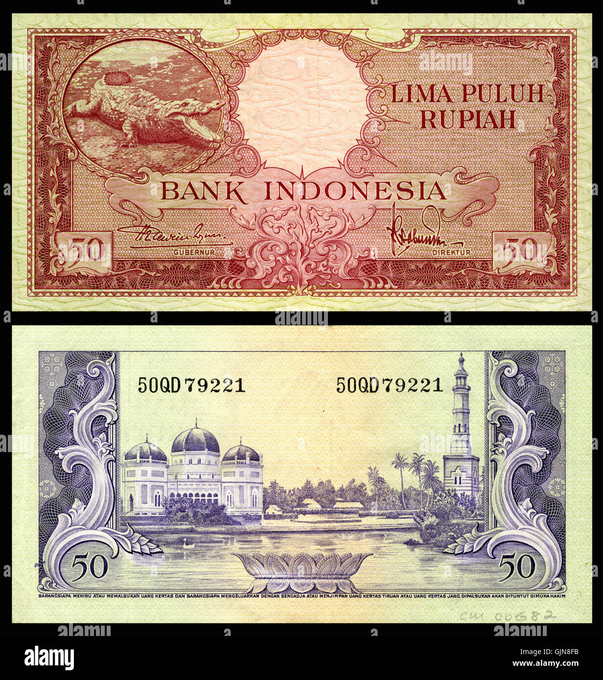 The 50 Rupiah banknote from Indonesia, issued in 1957, features ...