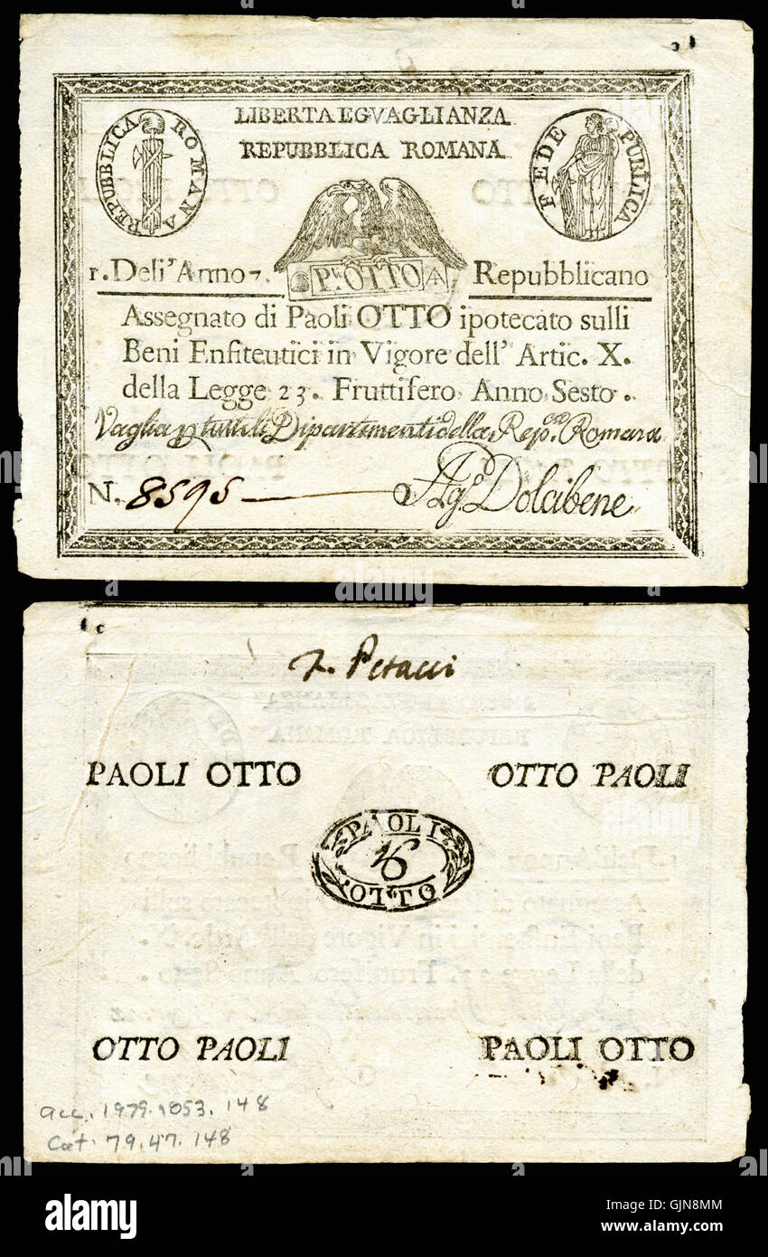 Italian States assignat, 8 Paoli, issued in 1798, depicting the ...