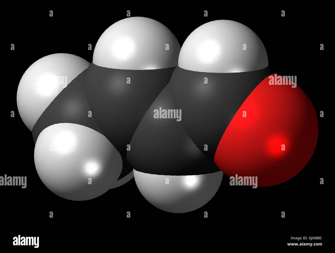 A 3D spacefill model of Crotonaldehyde, a chemical compound, showing ...