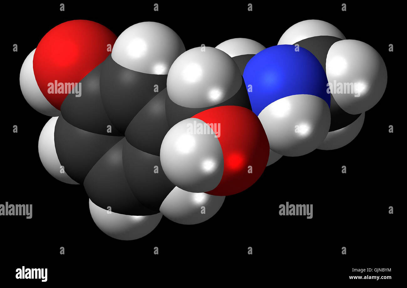 This spacefill model of the Phenylephrine molecule provides a 3D visual ...
