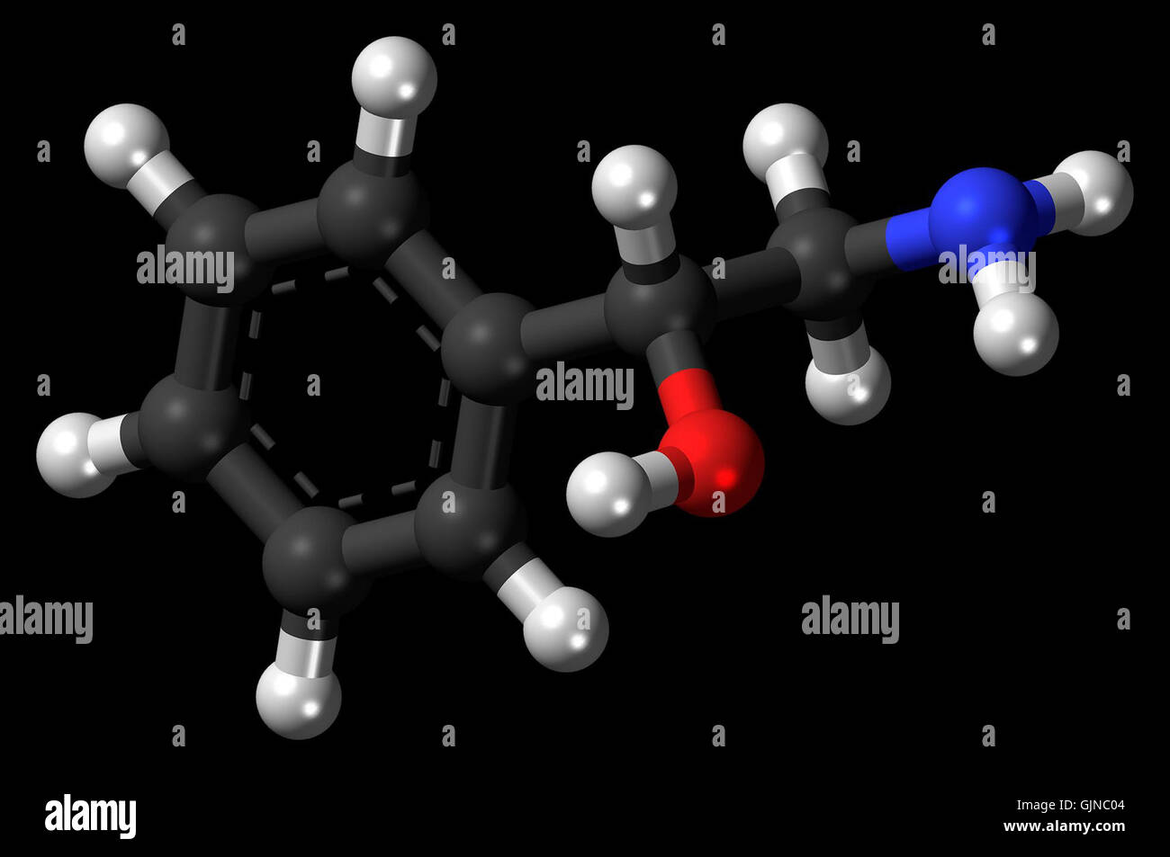 A 3D model of the phenylethanolamine molecule, depicting its structure ...