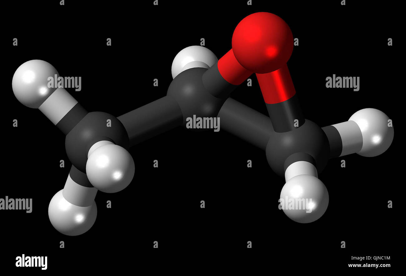 This image shows a molecular model of propylene oxide, a chemical ...