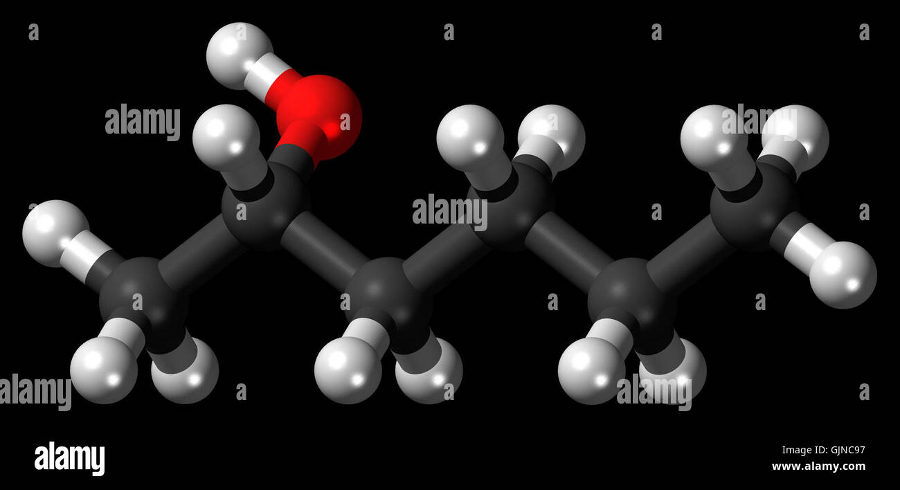 This image shows a 3D representation of Hexan-2-ol, an organic compound ...