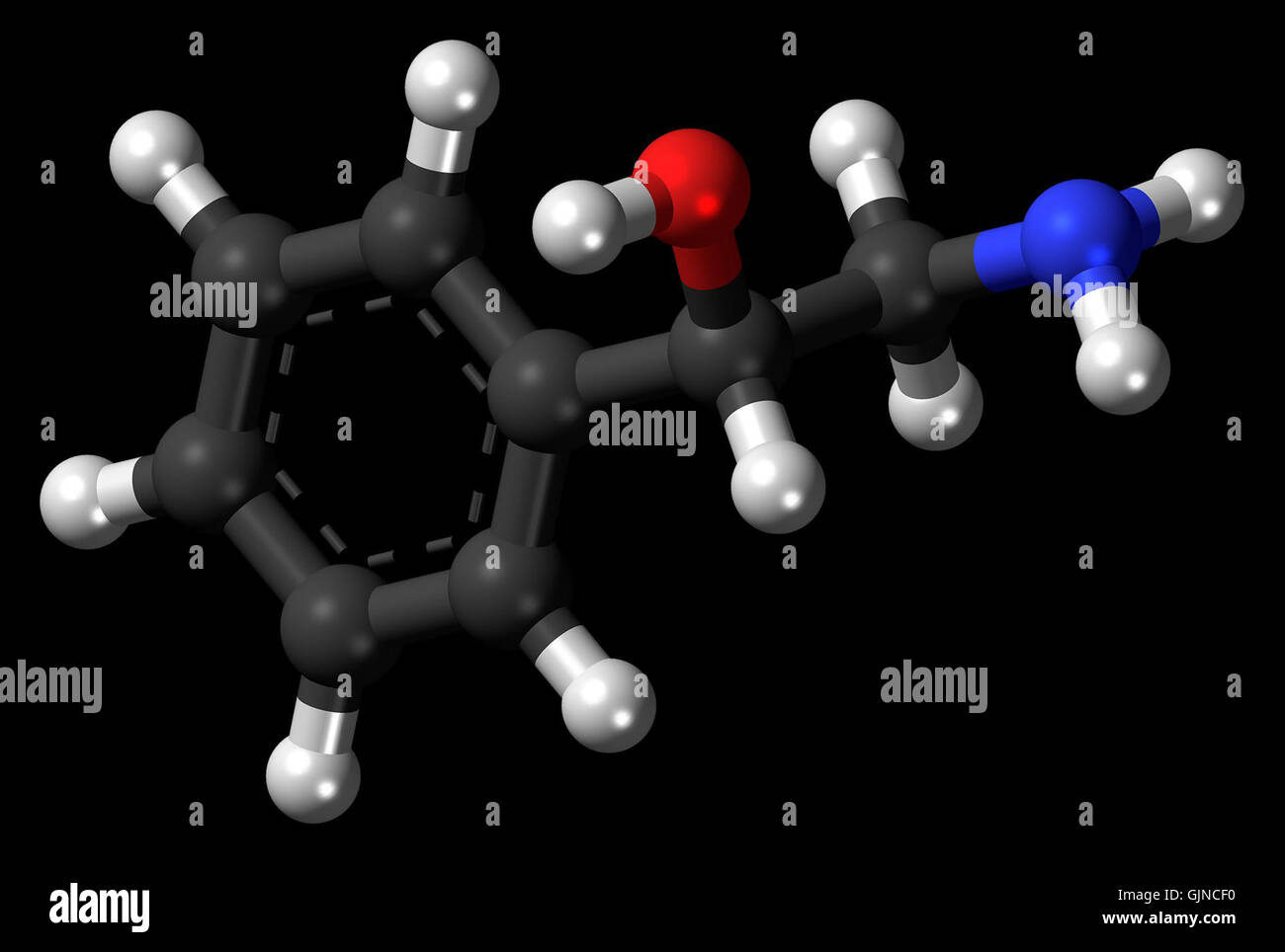 This image represents the molecular structure of phenylethanolamine, a ...