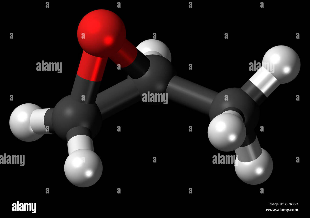 This representation shows the molecular structure of propylene oxide, a ...