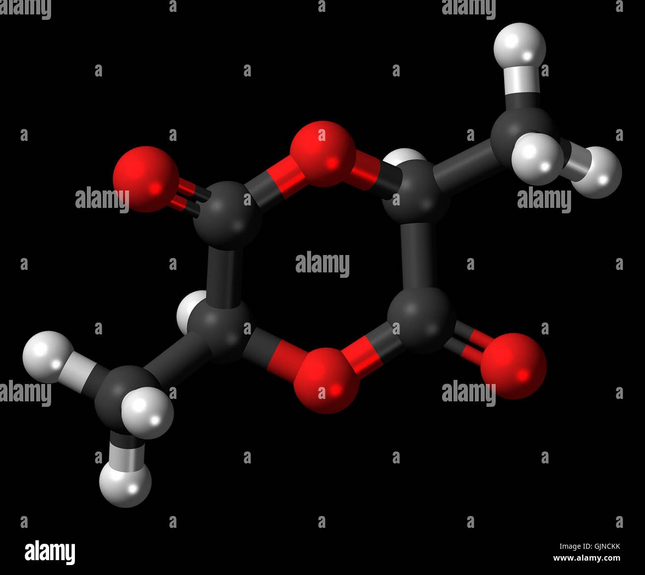 An image of a lactide molecule structure, depicted as a ball-and-stick ...