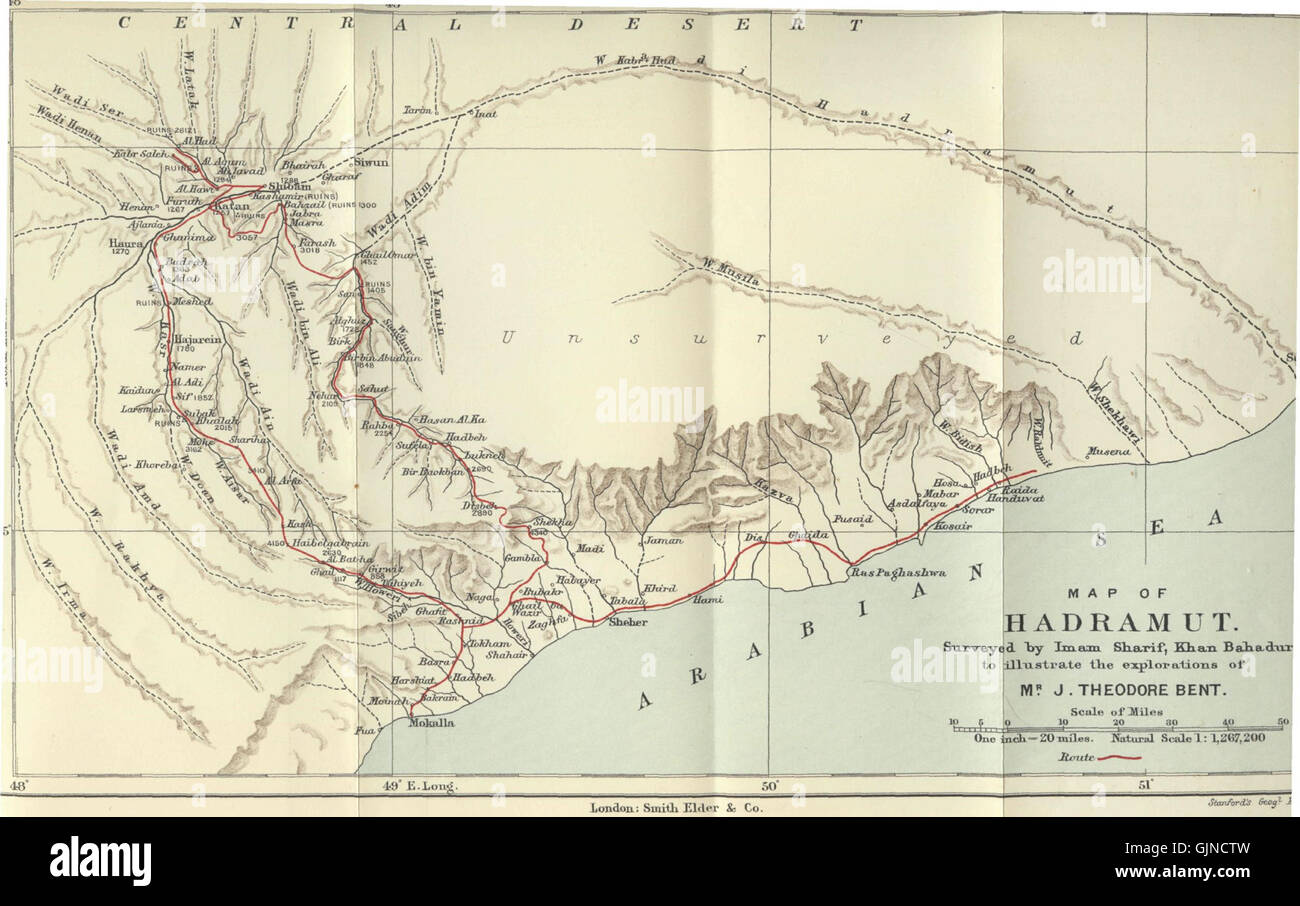 This map depicts Hadramut, a region in Yemen, as surveyed by Theodore ...
