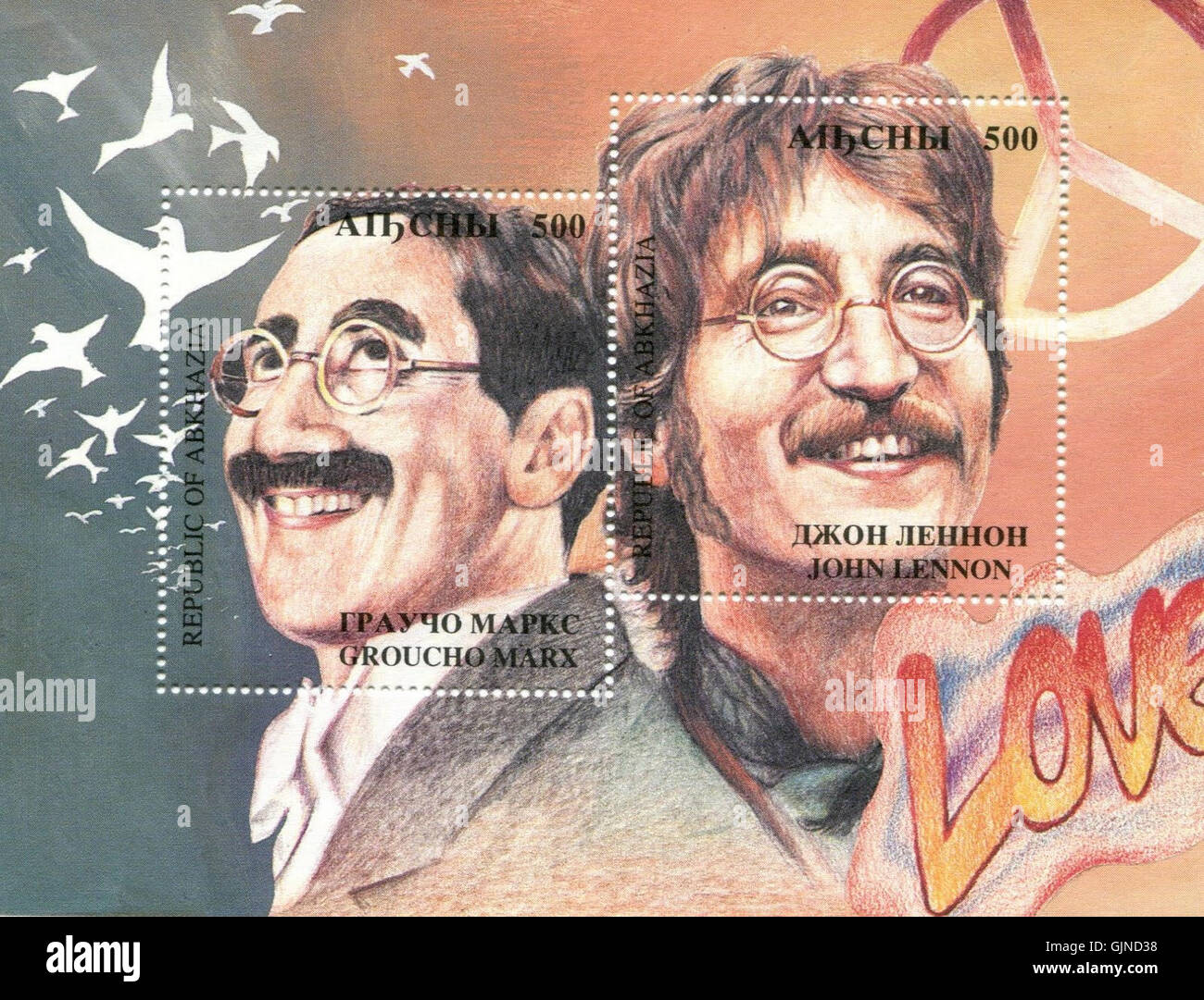 This stamp features Marx Lennon, commemorating the historical ...
