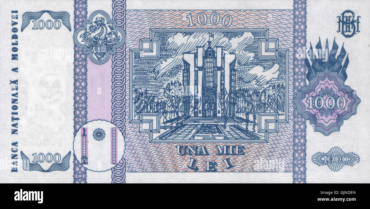 This image features the reverse side of the 1000 lei banknote from ...