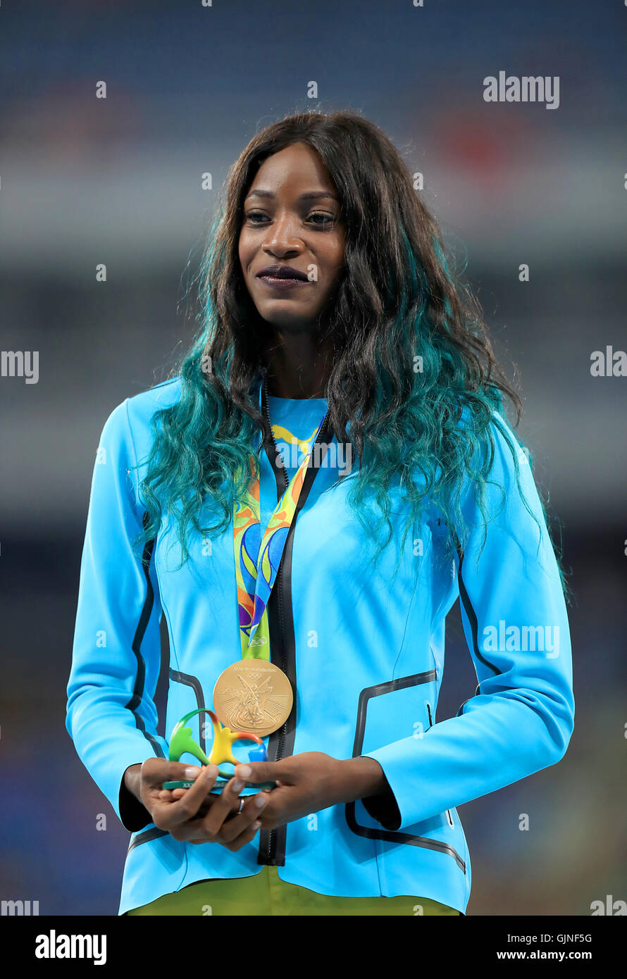 Bahamas' Shaunae Miller on the podium with her gold medal for the Women ...