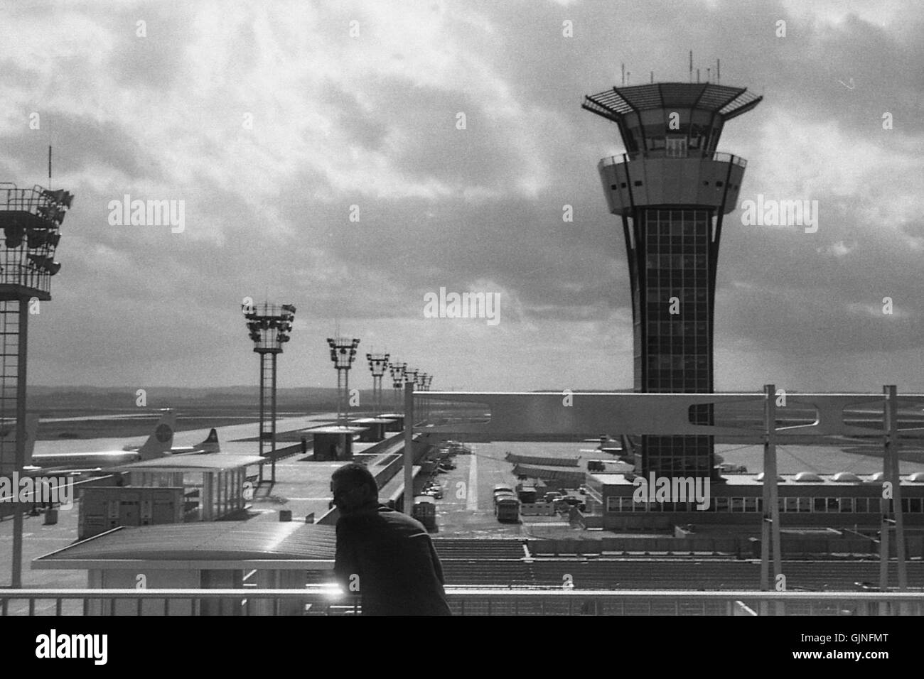 A historical photograph of Orly Airport in Paris, taken in 1965. The ...