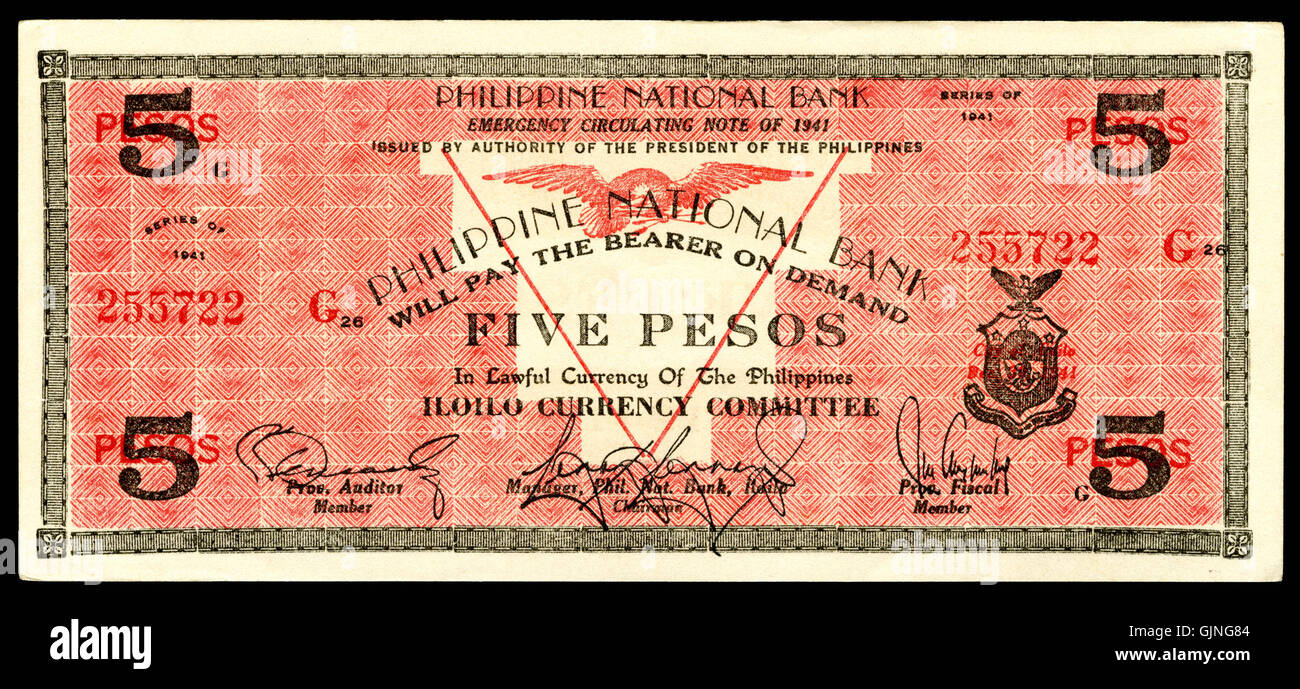 This 5 Pesos note from the Philippine National Bank, printed in 1942 ...