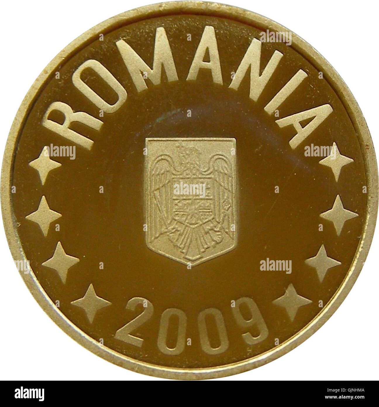 The 2009 50 bani coin from Romania features the denomination and the ...
