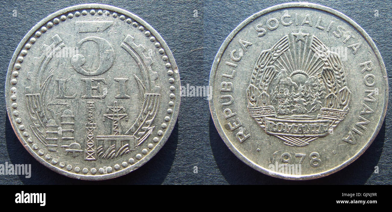 A Romanian currency note from 1978, featuring the 5 Lei denomination ...