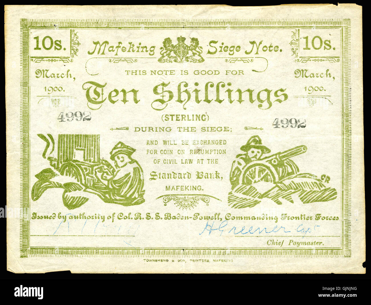 A 10-shilling banknote from the Boer War era, issued in Mafeking, South ...