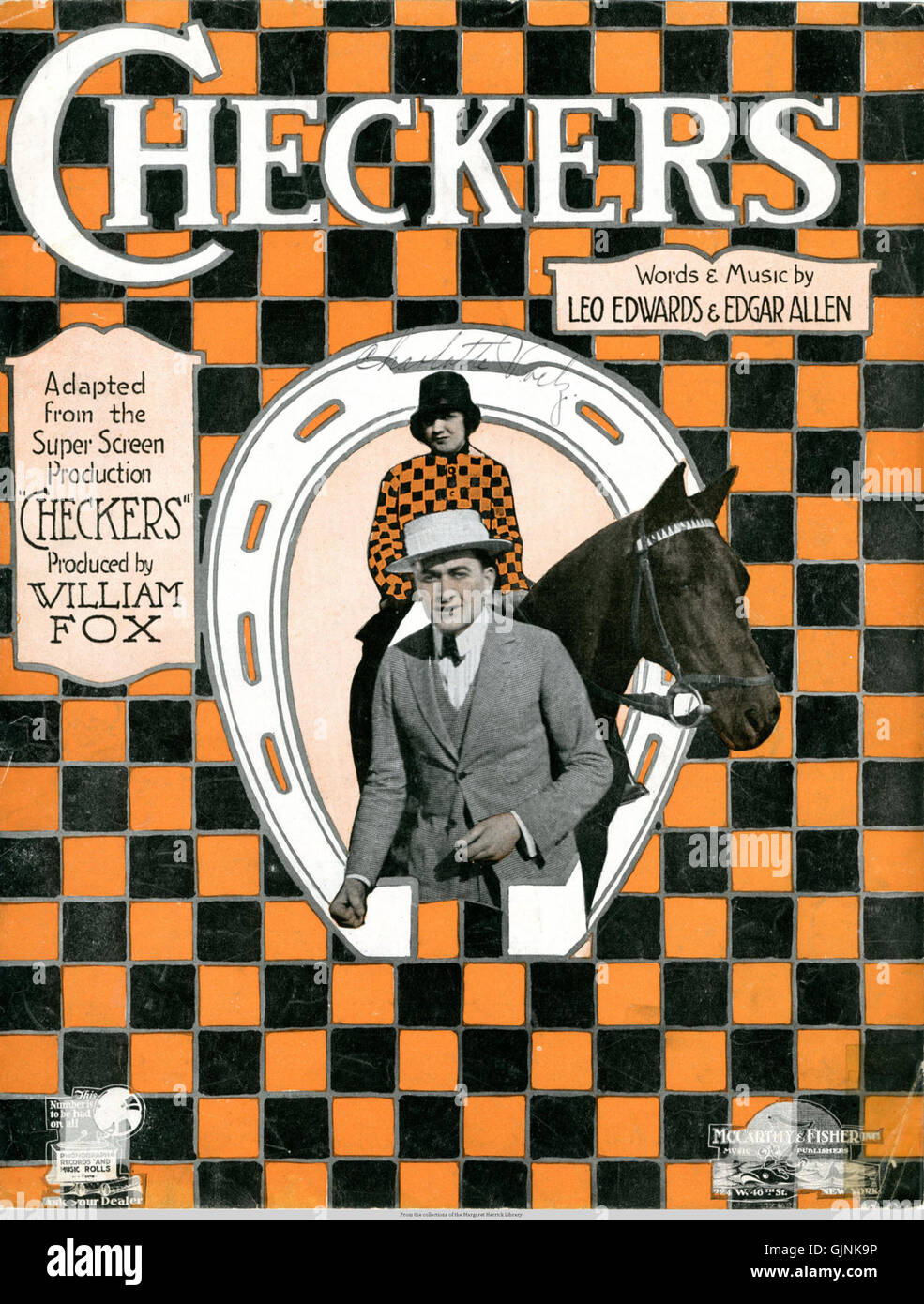 The sheet music cover for 'CHECKERS' (1919) features a stylized design ...