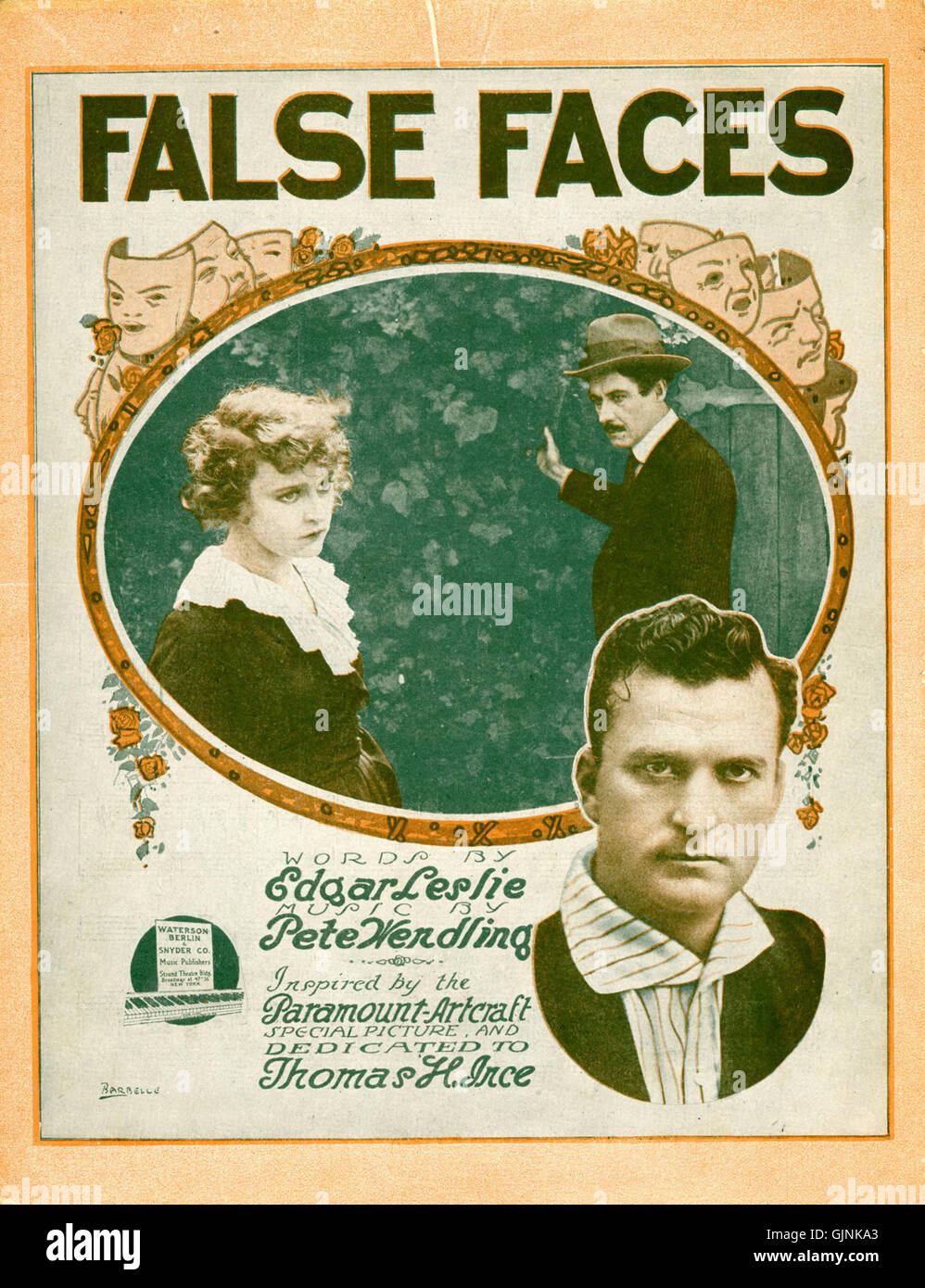 The sheet music cover for 'False Faces,' a 1919 composition, designed to visually reflect the ...