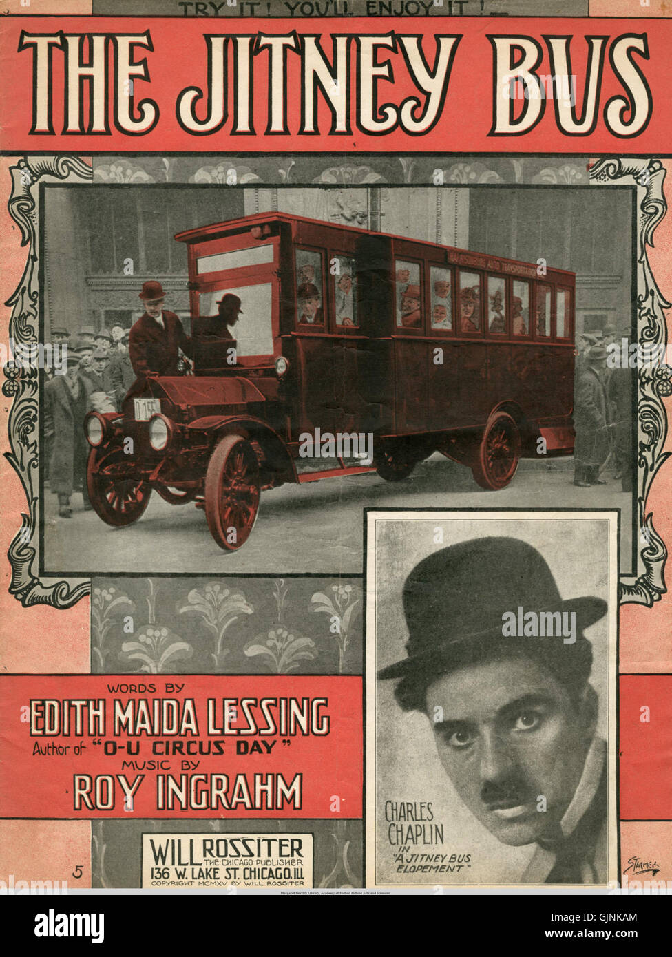 Cover of the sheet music for 'The Jitney Bus' (1915), featuring an ...