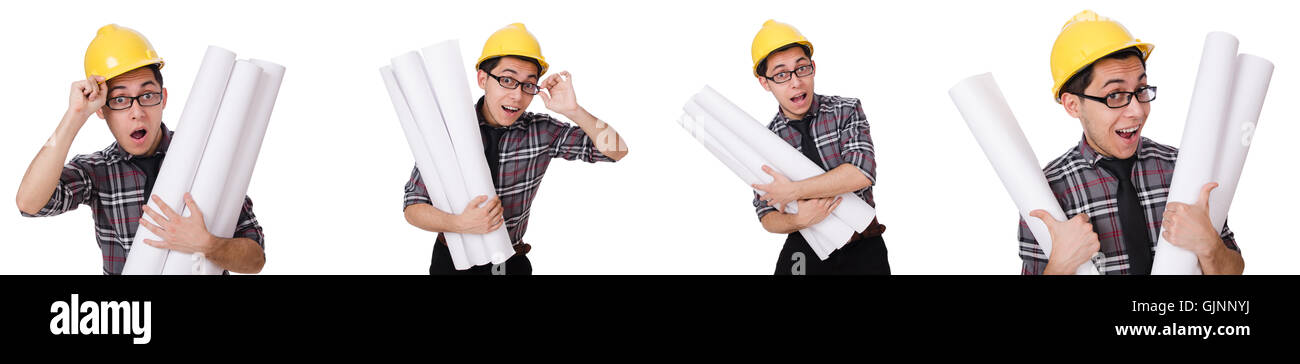 Funny man with blueprints on white Stock Photo - Alamy