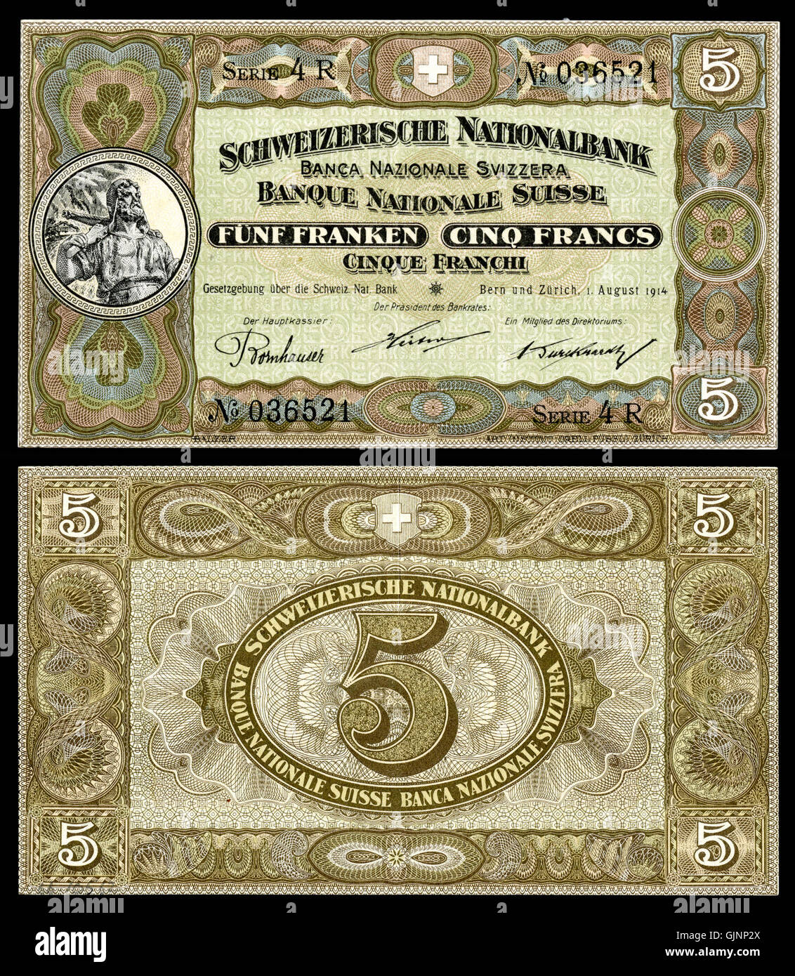 This 5 Franken banknote from the Swiss National Bank, issued in 1914 ...