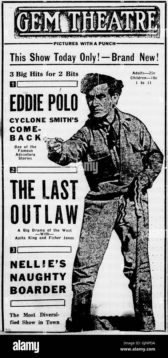 A 1919 newspaper advertisement for 'The Last Outlaw,' a film showcasing ...