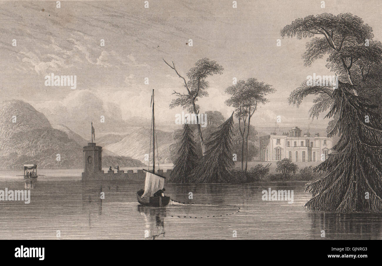 Storrs Hall, Lake Windermere. Cumbria. HARWOOD, antique print 1829 ...
