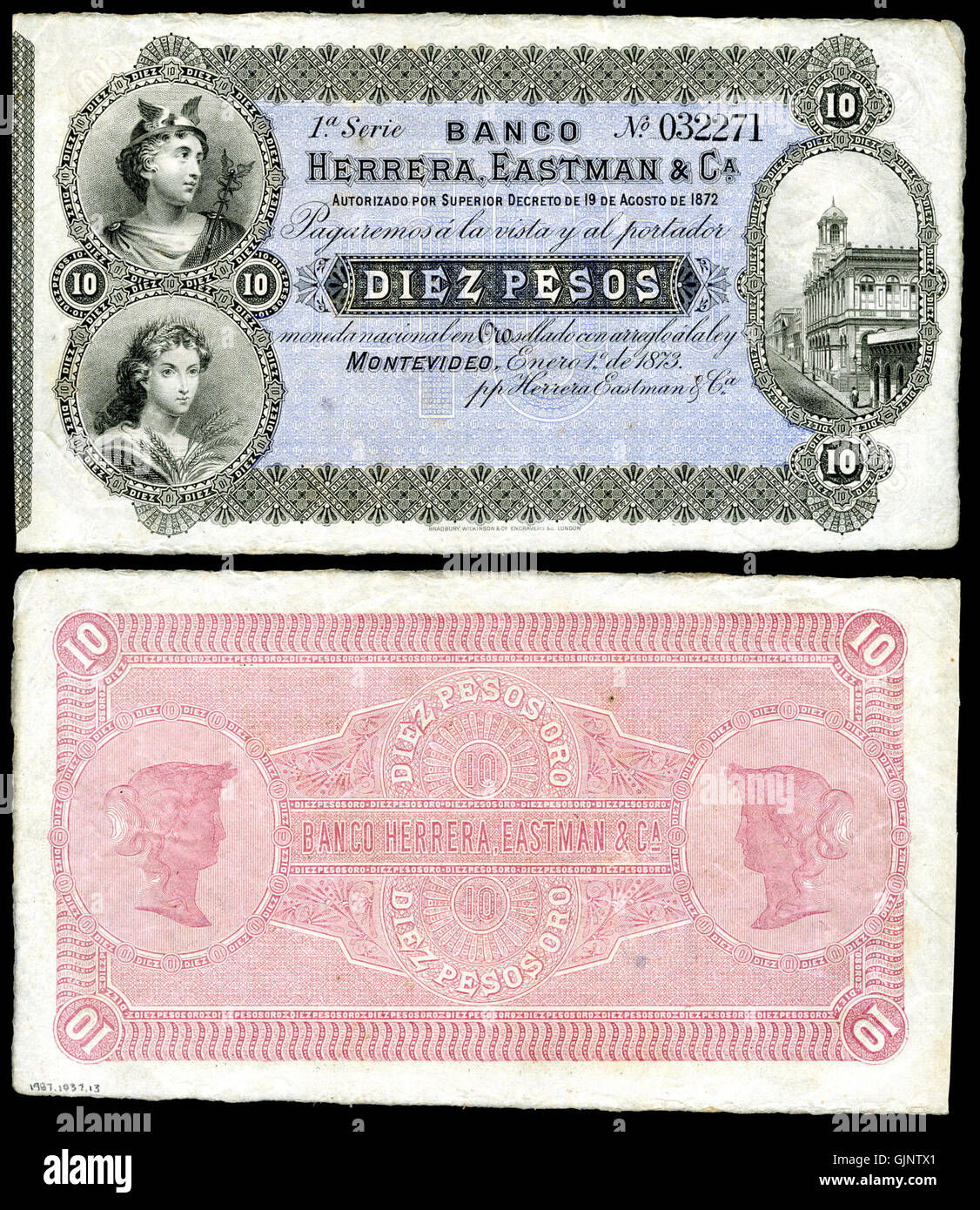 This 1873 banknote from Banco Herrera, Uruguay, is part of the URU S181 ...