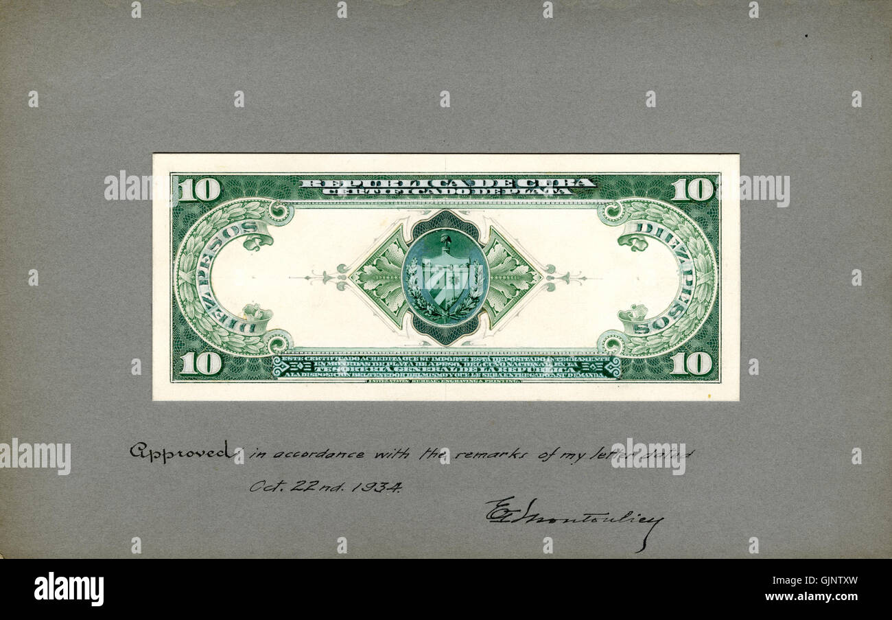 This is a progress proof of a 10 silver pesos banknote issued by the ...