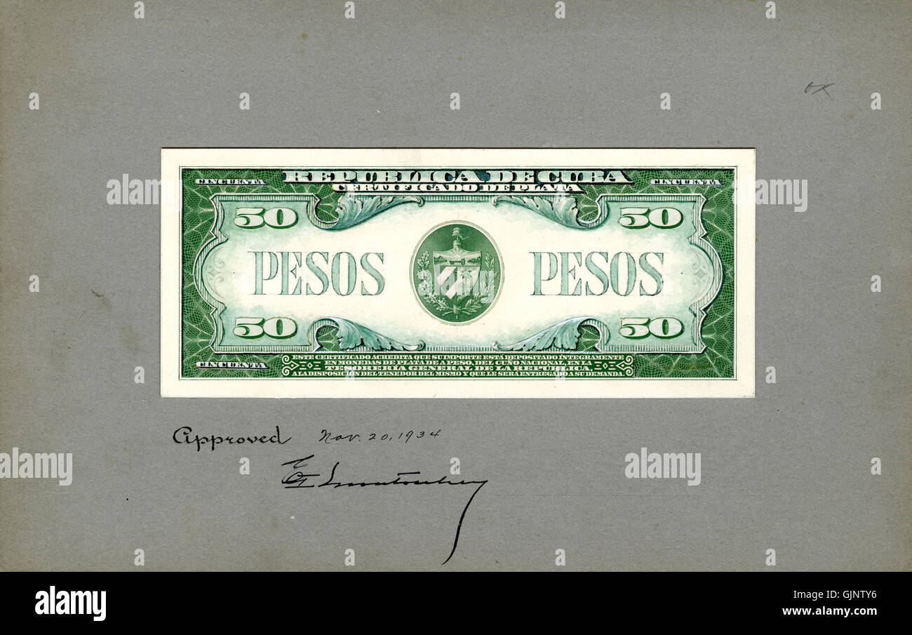 A progress proof of a 50 silver pesos banknote issued by the United ...
