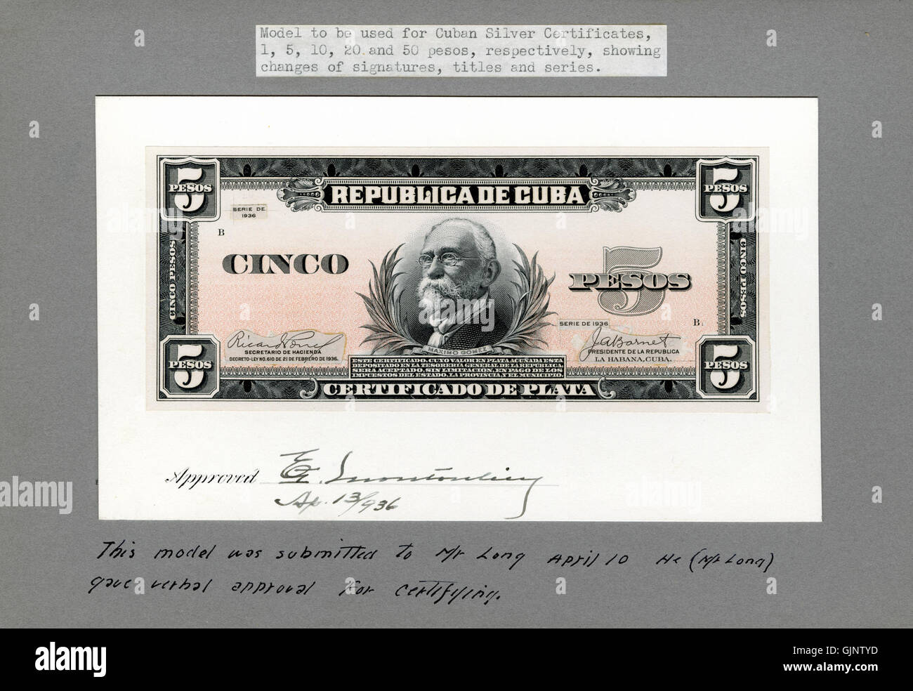 This is a progress proof of the 1936 *RepÃºblica de Cuba* five silver ...