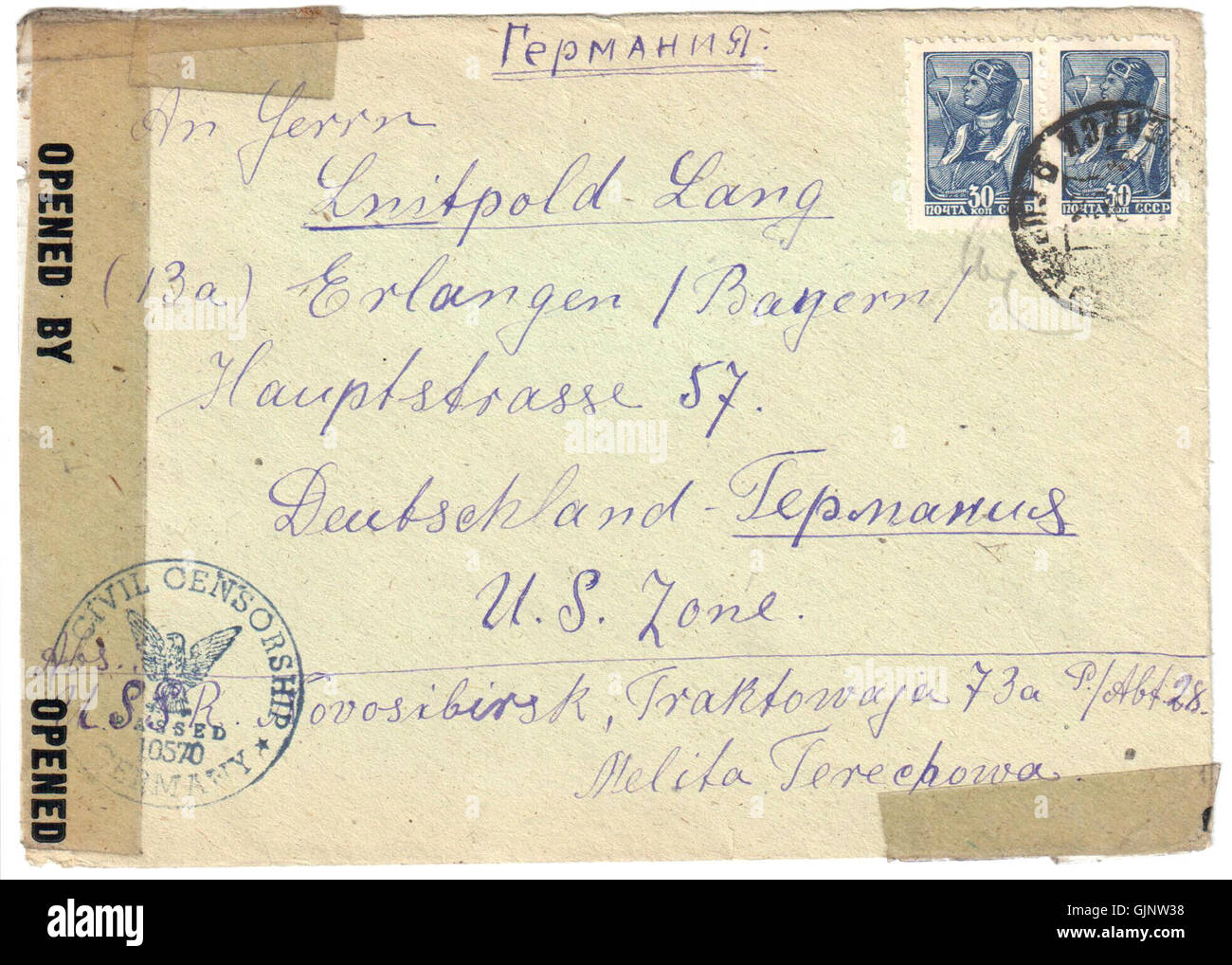 This censored envelope from the Soviet Union, dated July 10, 1947 ...