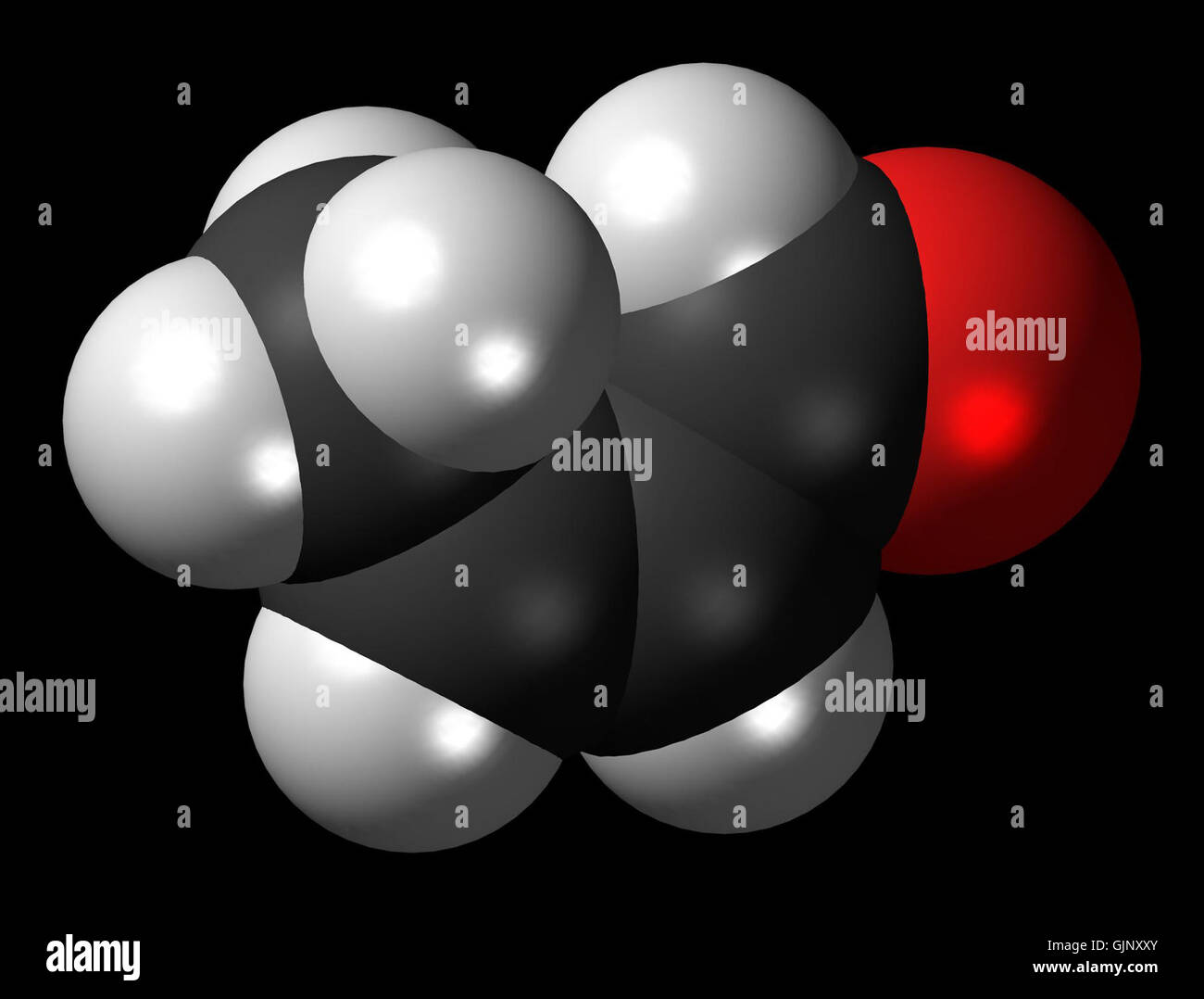 This 3D spacefill model visualizes crotonaldehyde, a chemical compound ...