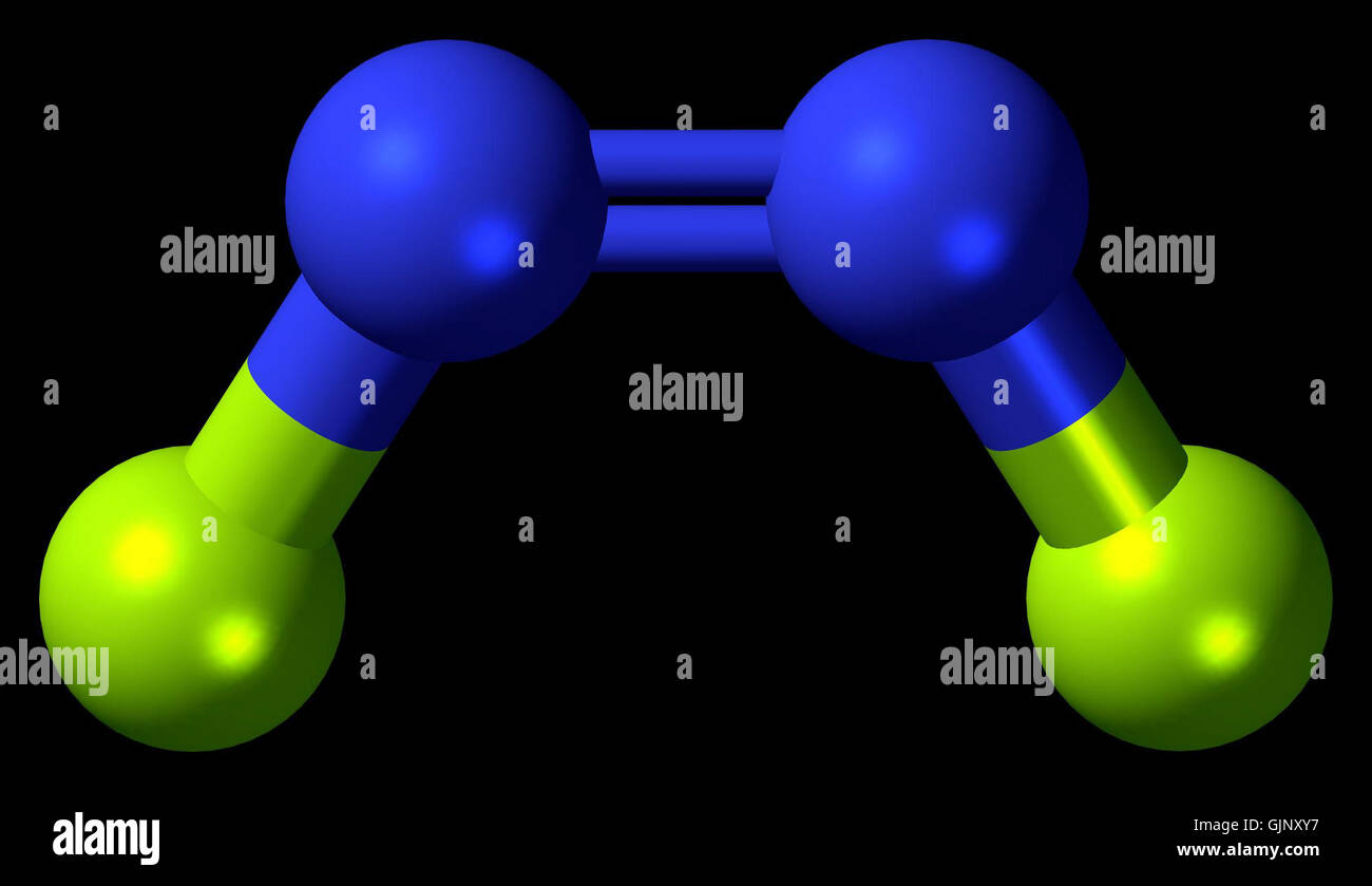 A molecular representation of dinitrogen difluoride (N2F2), depicted in ...