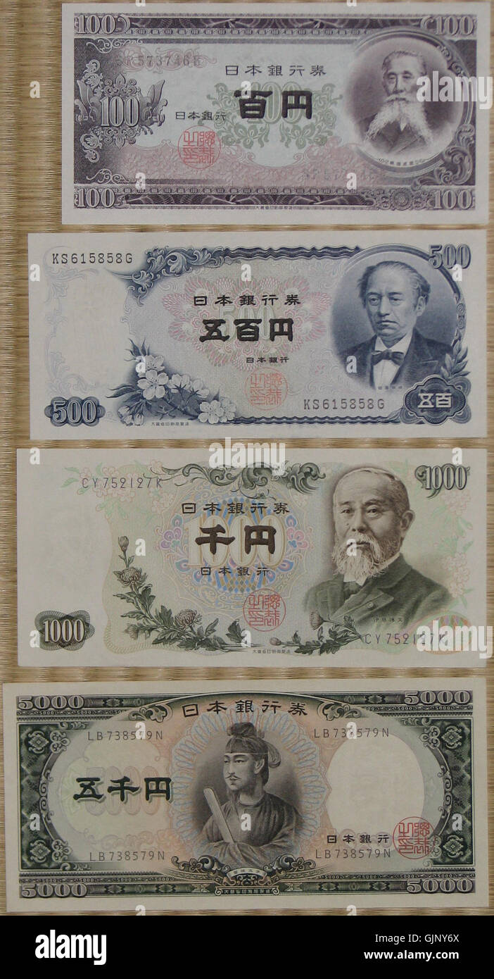 This image showcases various denominations of old yen banknotes (100 ...